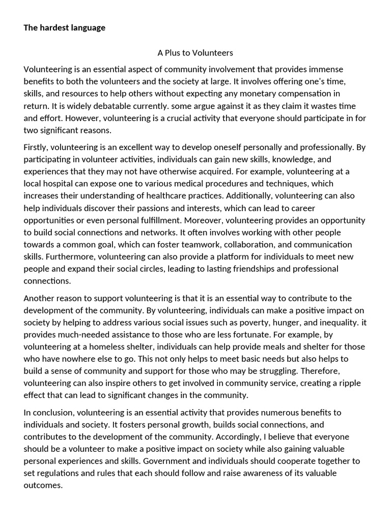 A Plus to Volunteers | PDF | Second Language Acquisition | Volunteering