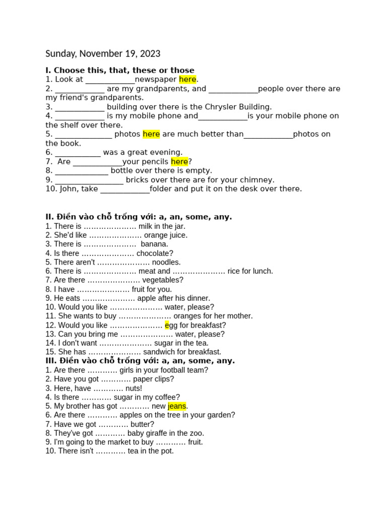 English Grammar Exercises: Articles and Demonstratives | PDF