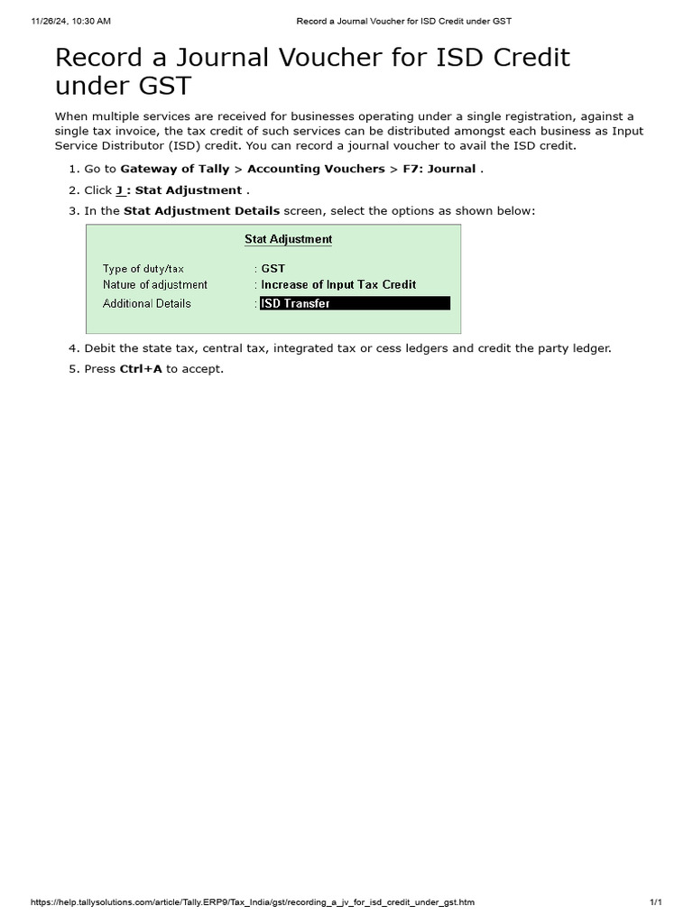 Record A Journal Voucher For ISD Credit Under GST | PDF