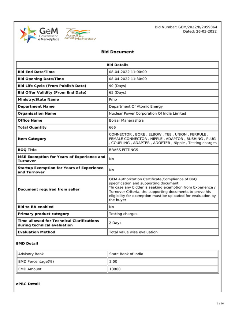 GeM-Bidding-3271206 | PDF | Specification (Technical Standard) | Procurement