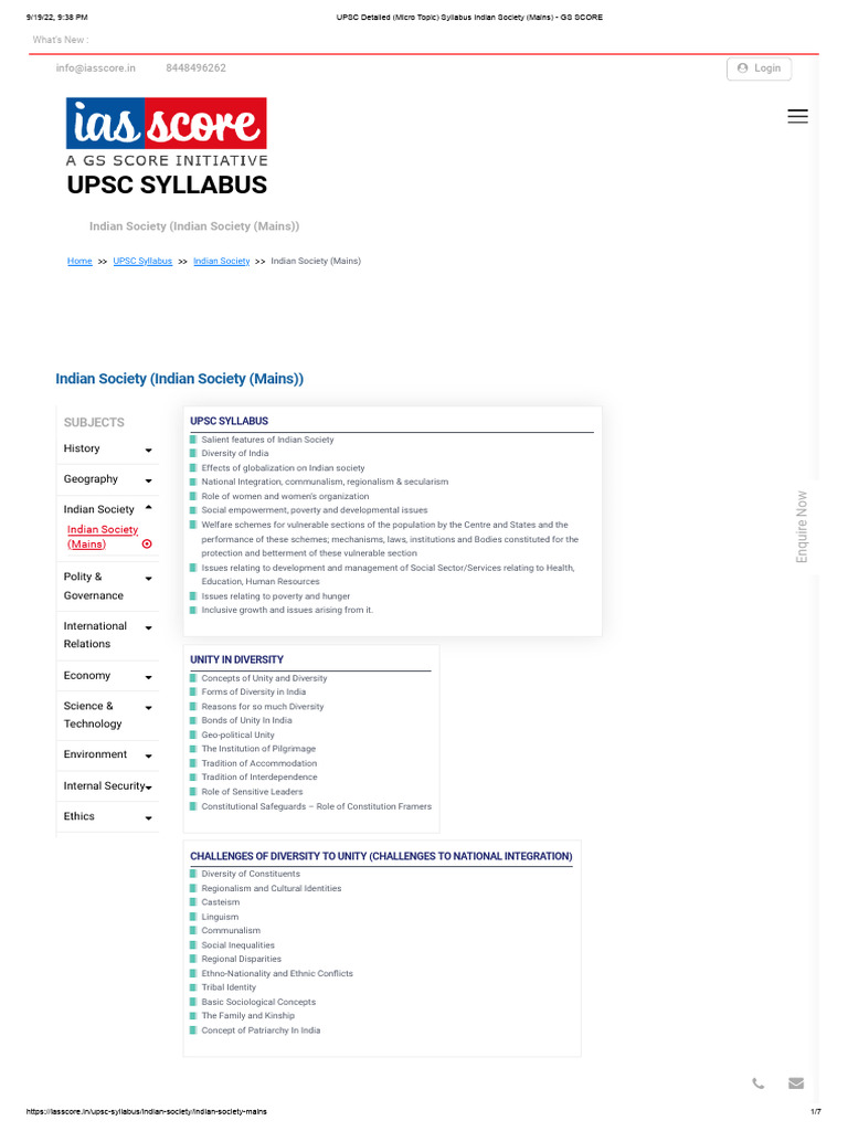 UPSC Detailed (Micro Topic) Syllabus Indian Society (Mains) - GS SCORE | PDF | Dalit | Caste