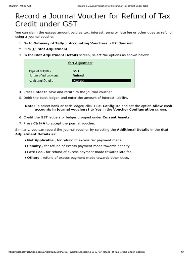 Record A Journal Voucher For Refund of Tax Credit Under GST | PDF