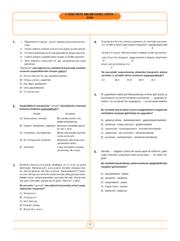 Sözcükte Anlam Denemesi̇ 15 Aralik | PDF