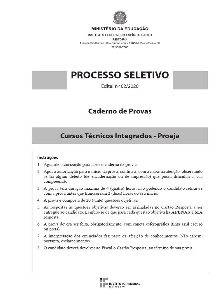 Prova Tecnico Proeja 02 2020 | PDF | Índice de massa corporal