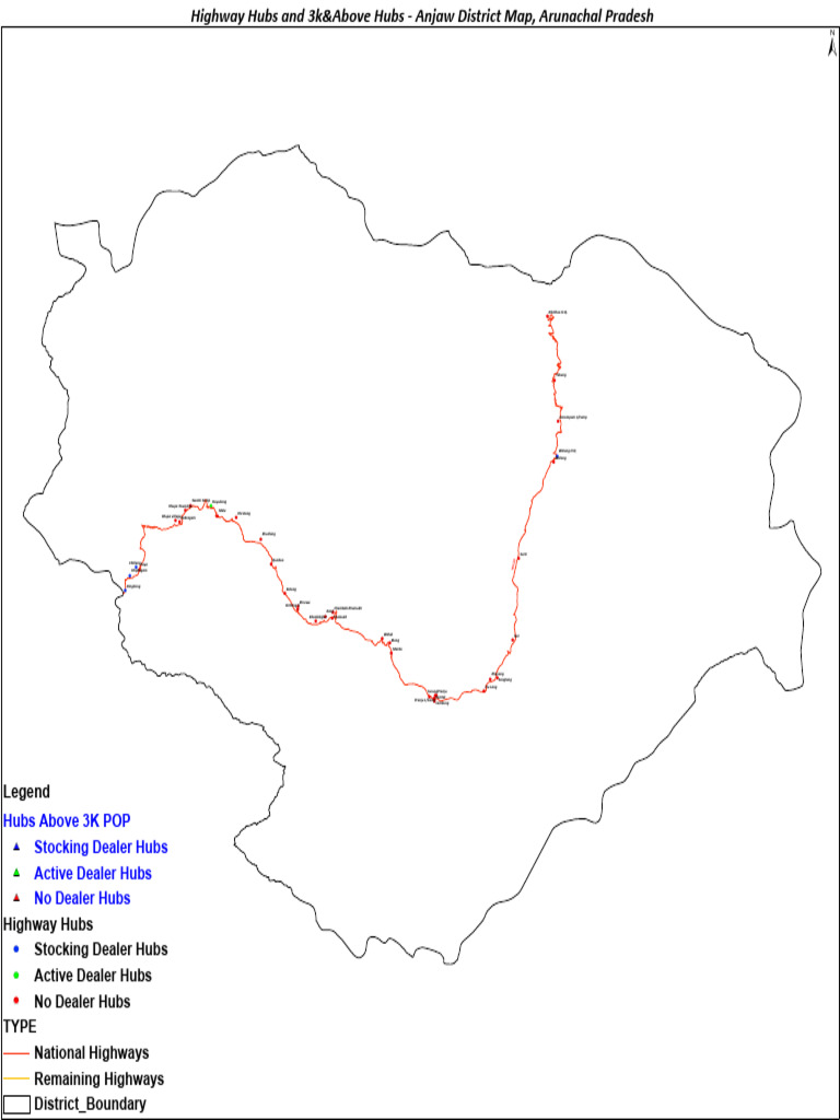Highway Hubs and 3k&above Hubs - Anjaw District Map, Arunachal Pradesh ...