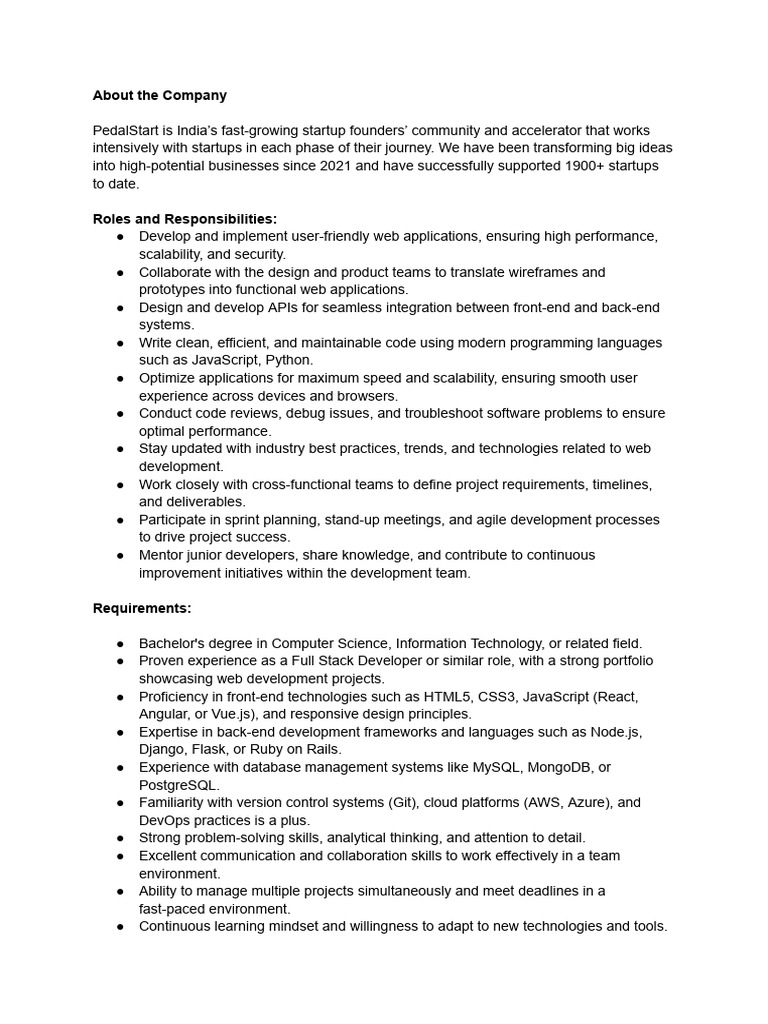PedalStart JD - Full Stack Developer | PDF | Computer Programming | Software