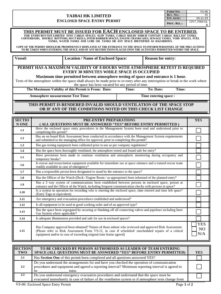 VS-06.00 - Enclosed Space Entry Permit | PDF | Safety | Occupational ...