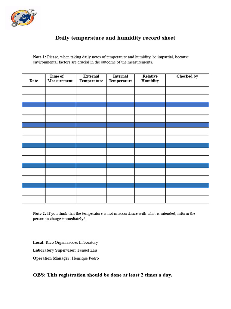 Daily Temperature and Humidity Record Sheet | PDF