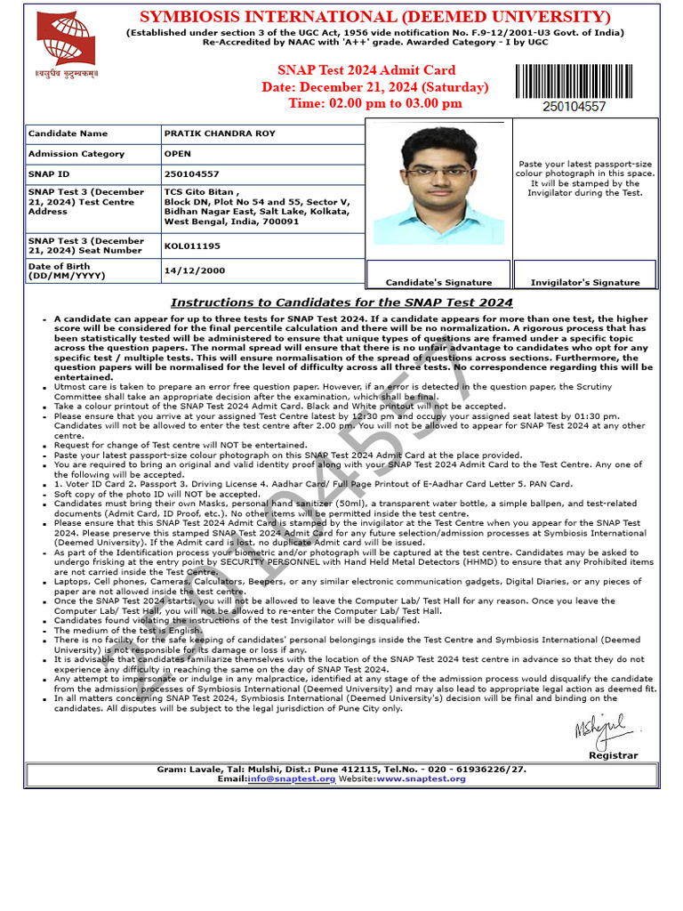 Admit Card - SNAP 2024 | PDF | Identity Document | Access Control