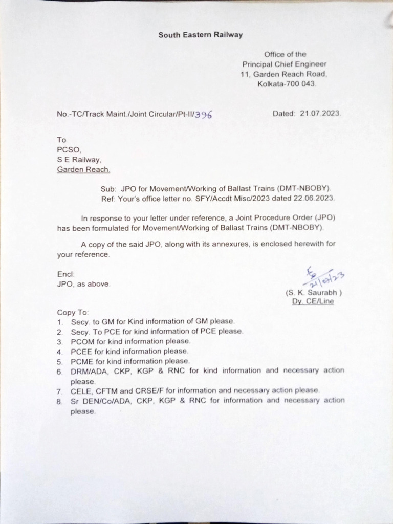 JPO For MovementWorking of Ballast Trains (DMT-NBOBY) Dated 21072023 | PDF