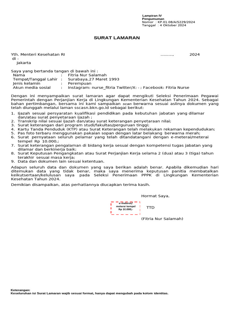 Surat Lamaran PPPK Kemenkes 2024 | PDF