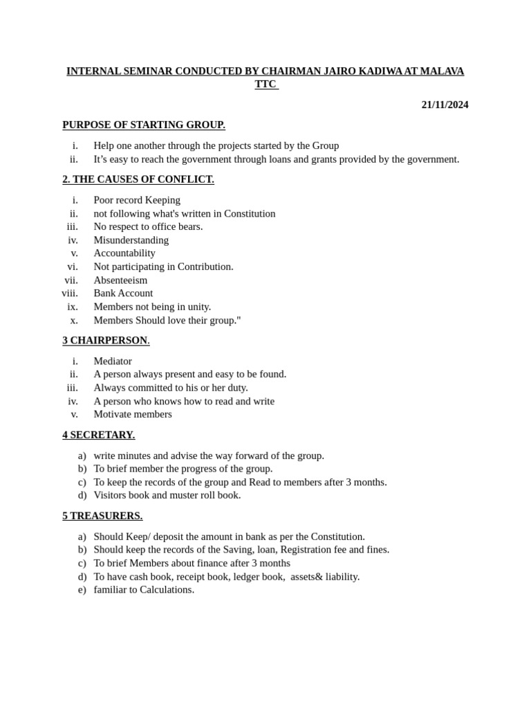 Internal Seminar Conducted by Chairman Jairo Kadiwa at Malava TTC | PDF ...