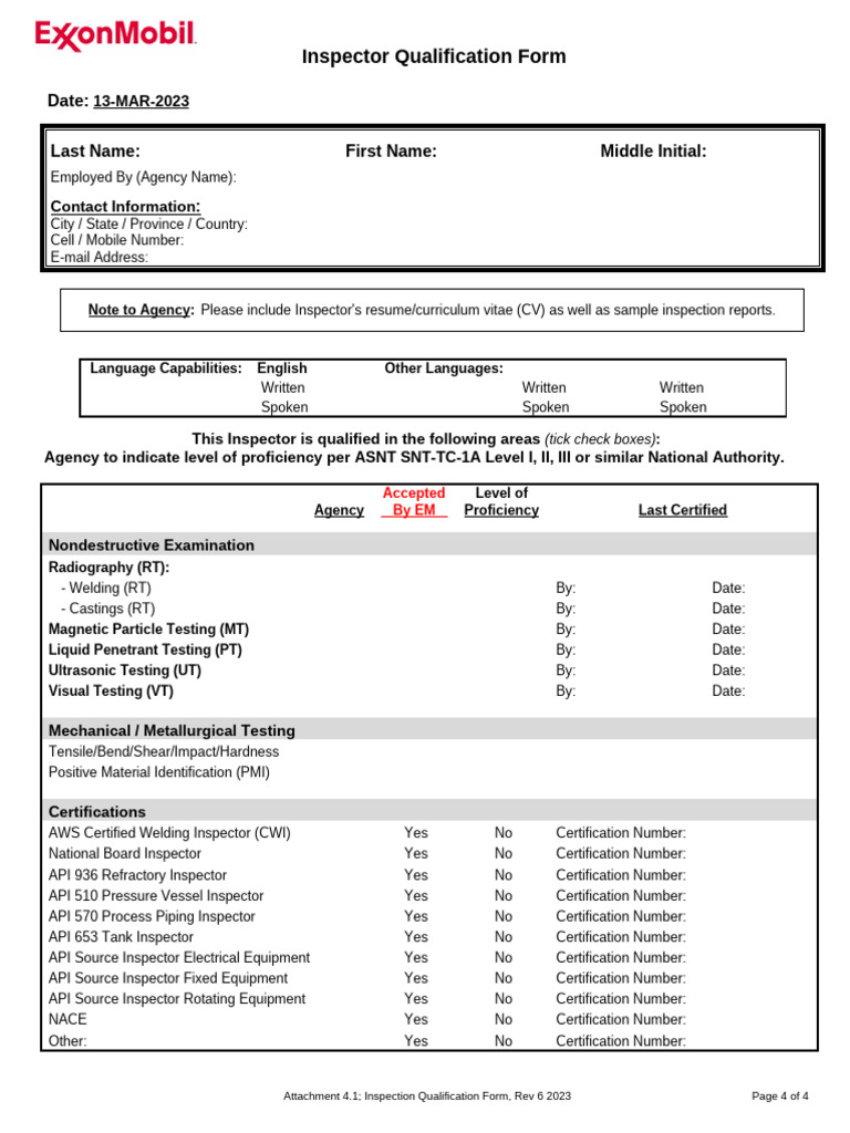 Inspector Qualification Form 2023 Latest Rev6 - Agy | PDF | Pipe (Fluid ...