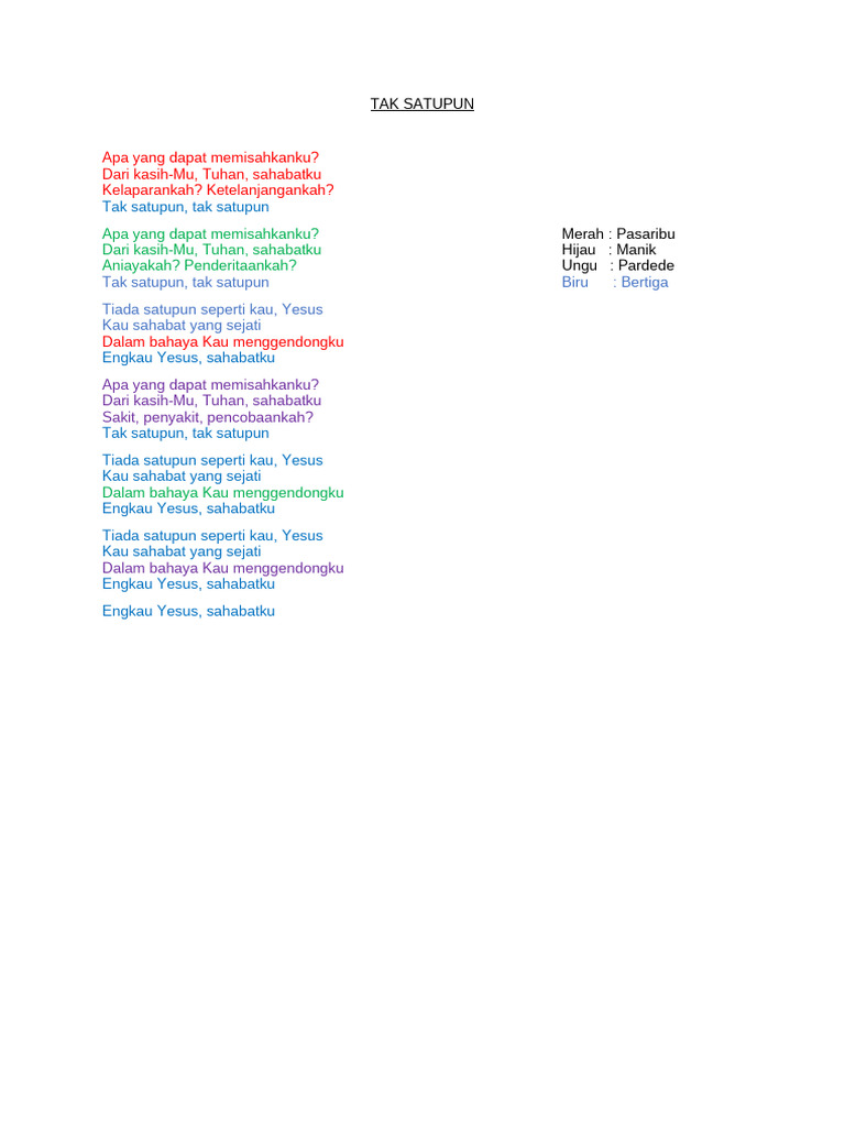 Lirik Lagu Rohani "Tak Satupun" | PDF