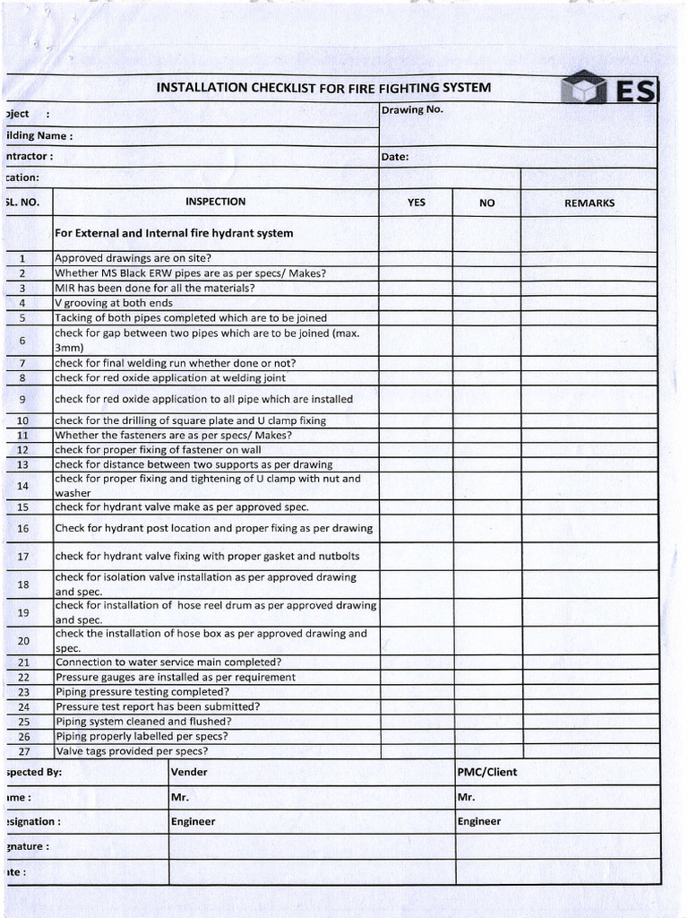Fire Fighting System Installation Checklist | PDF | Electrical Wiring ...