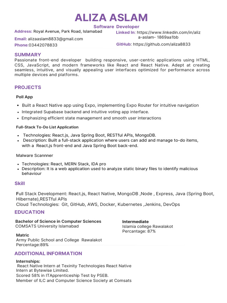 Aliza Aslam: Full Stack Developer Profile | PDF