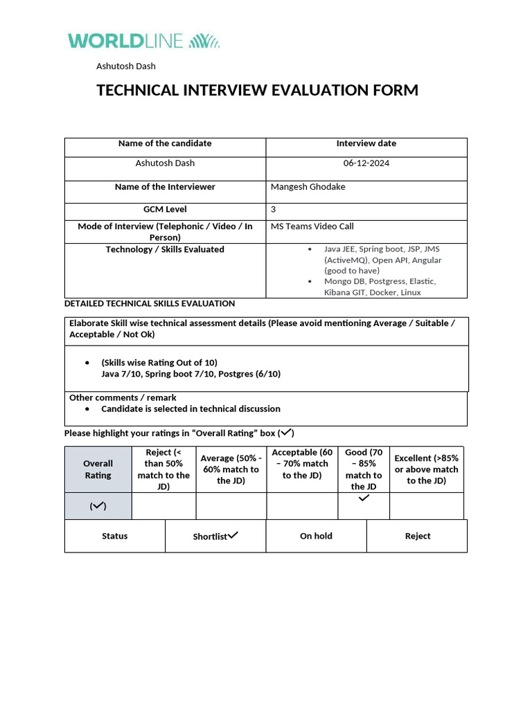 Ashutosh Dash-Technical Interview Feedback Form | PDF