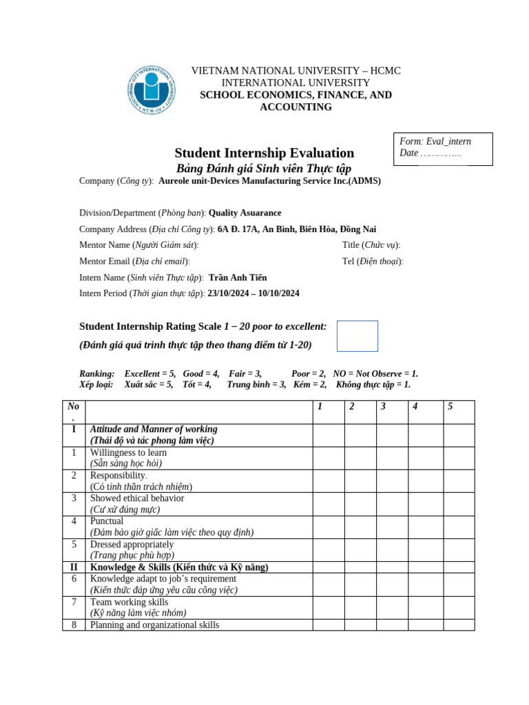Student Internship Evaluation (New version) | PDF