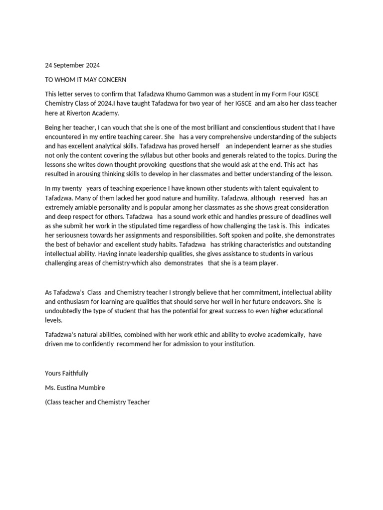 Chemistry Recommendation Letter For Tafadzwa Gammon | PDF