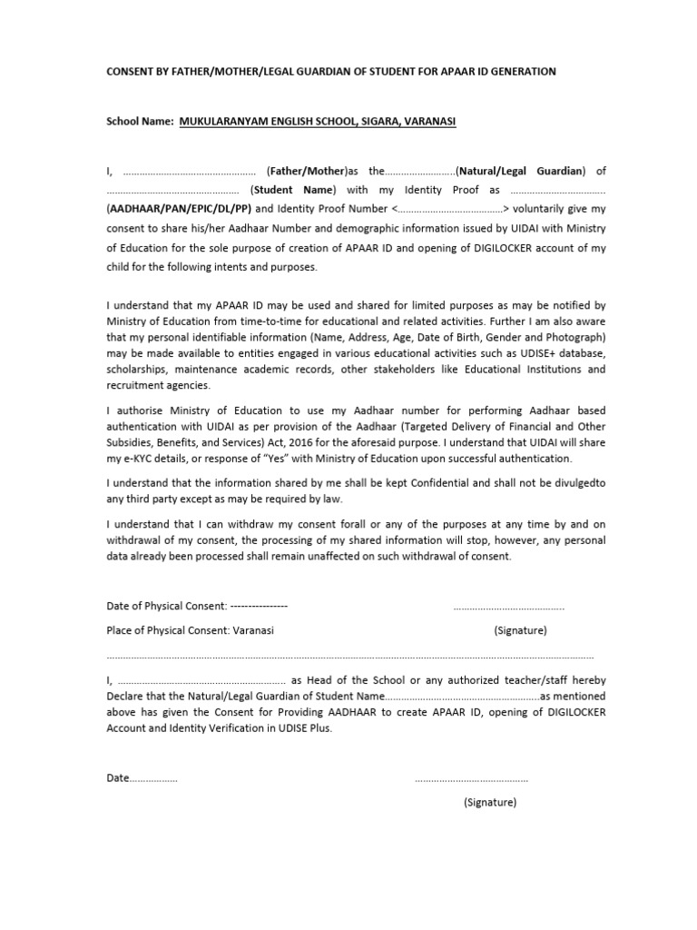 Consent form for APAAR ID-1 | PDF | Privacy | Justice