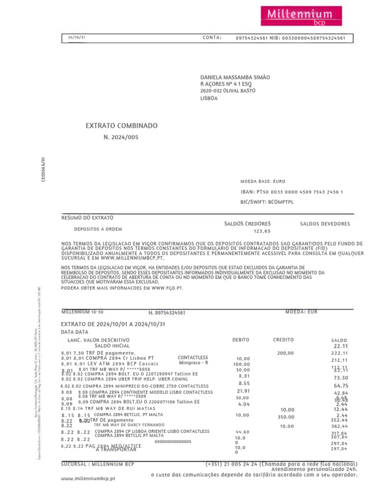 Extrato Bancário Millennium BCP Outubro 2024 | PDF