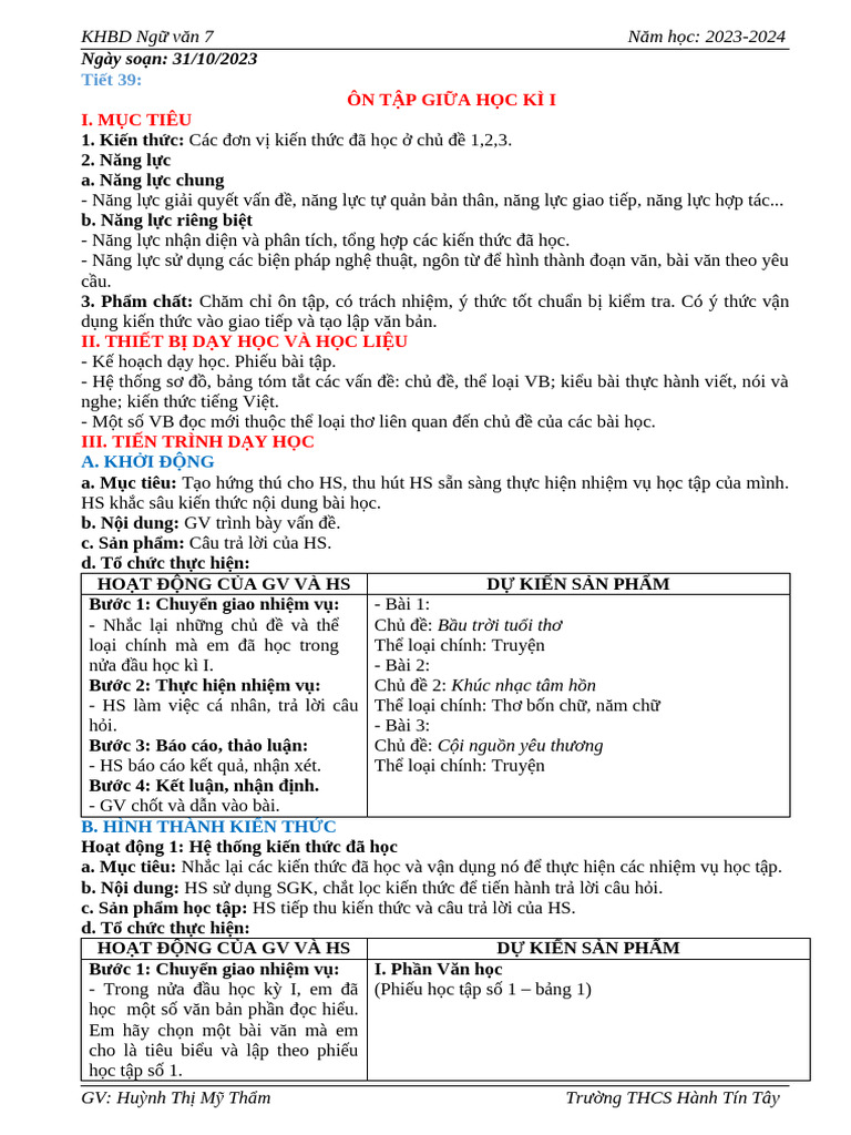 KHBD-Ngu-van-7-On-tap-kiem-tra-giua-hoc-ki-I-tiet-39-1 | PDF