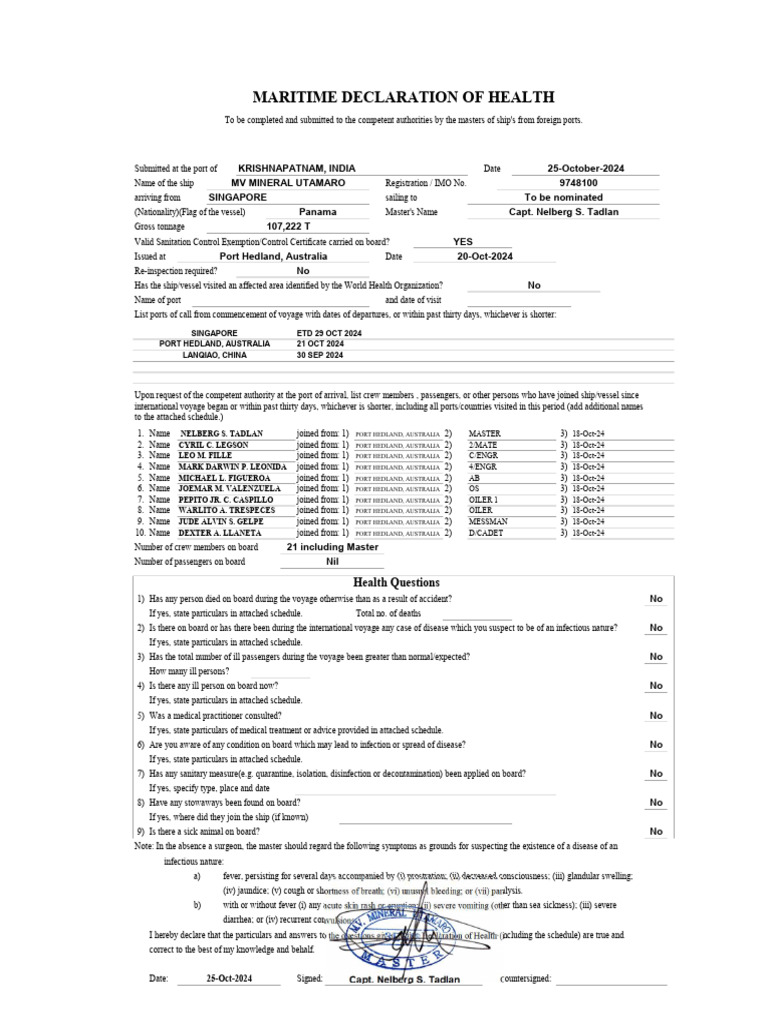 IMO Maritime Declaration of Health | PDF | Port | Epidemiology