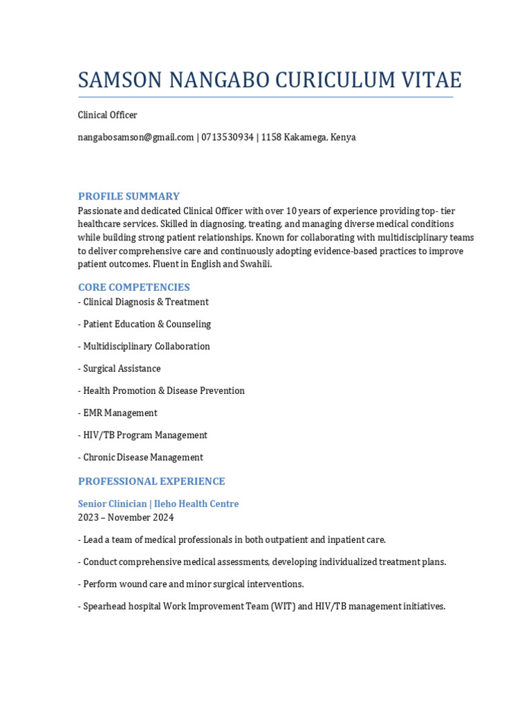 Samson Nangabo cv | PDF | Medical Diagnosis | Patient