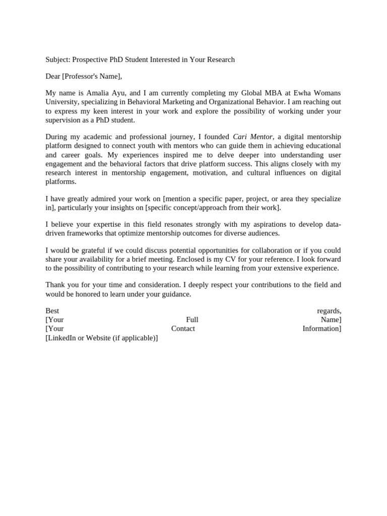 Email Template for PhD Supervision Inquiry | PDF