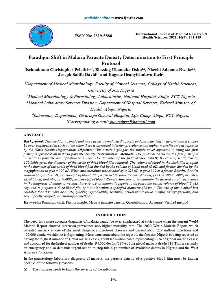 Paradigm Shift in Malaria Parasite Density Determination to First ...