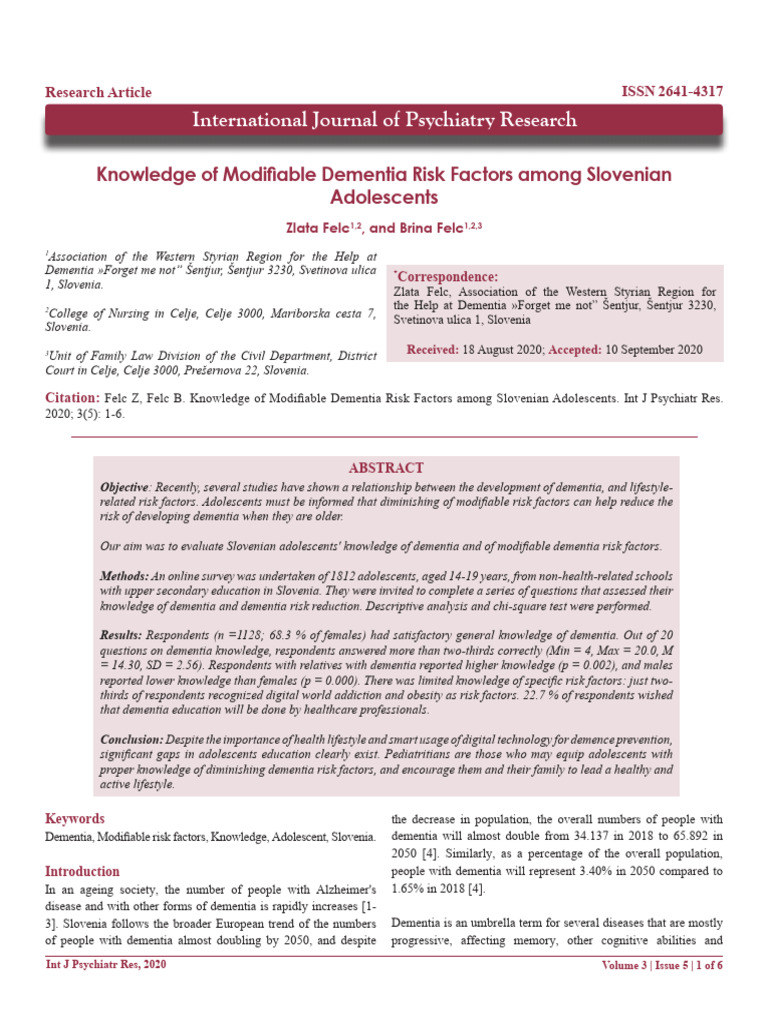 Knowledge of Modifiable Dementia Risk Factors Among Slovenian Adolescents | PDF | Obesity | Dementia