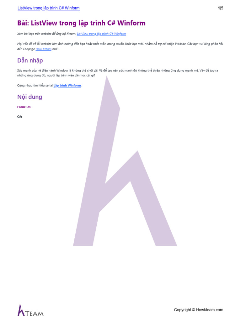 HOWKTEAM.vn - ListView Trong Lập Trình C# Winform | PDF