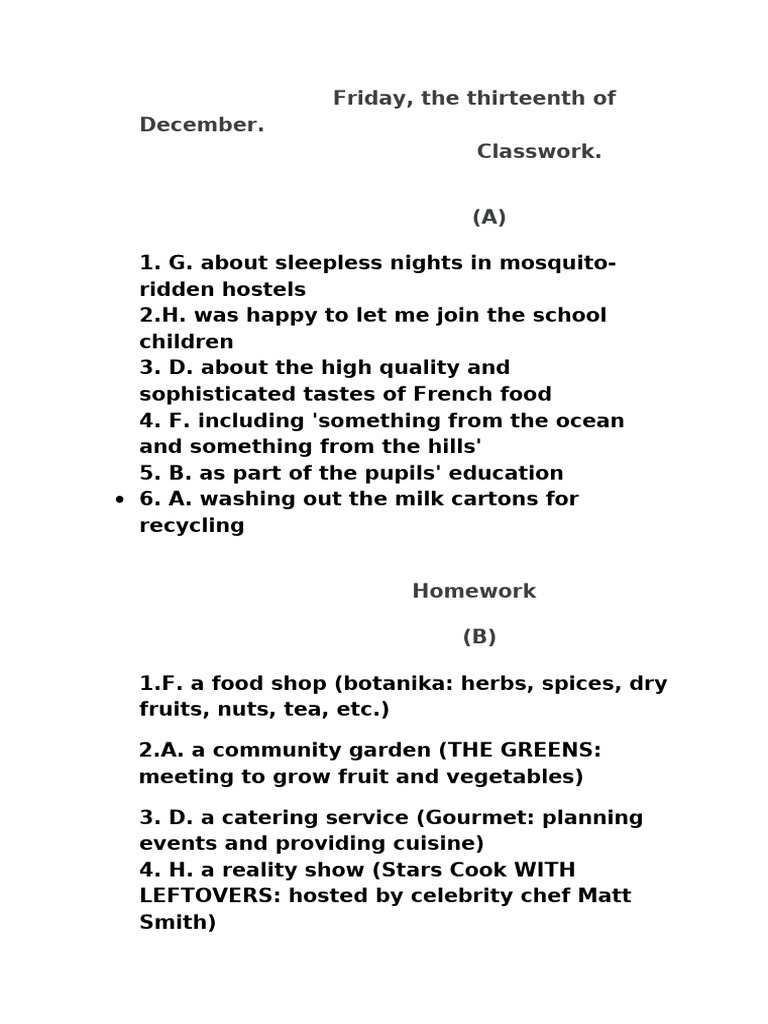 Classwork and Homework on Food Topics | PDF