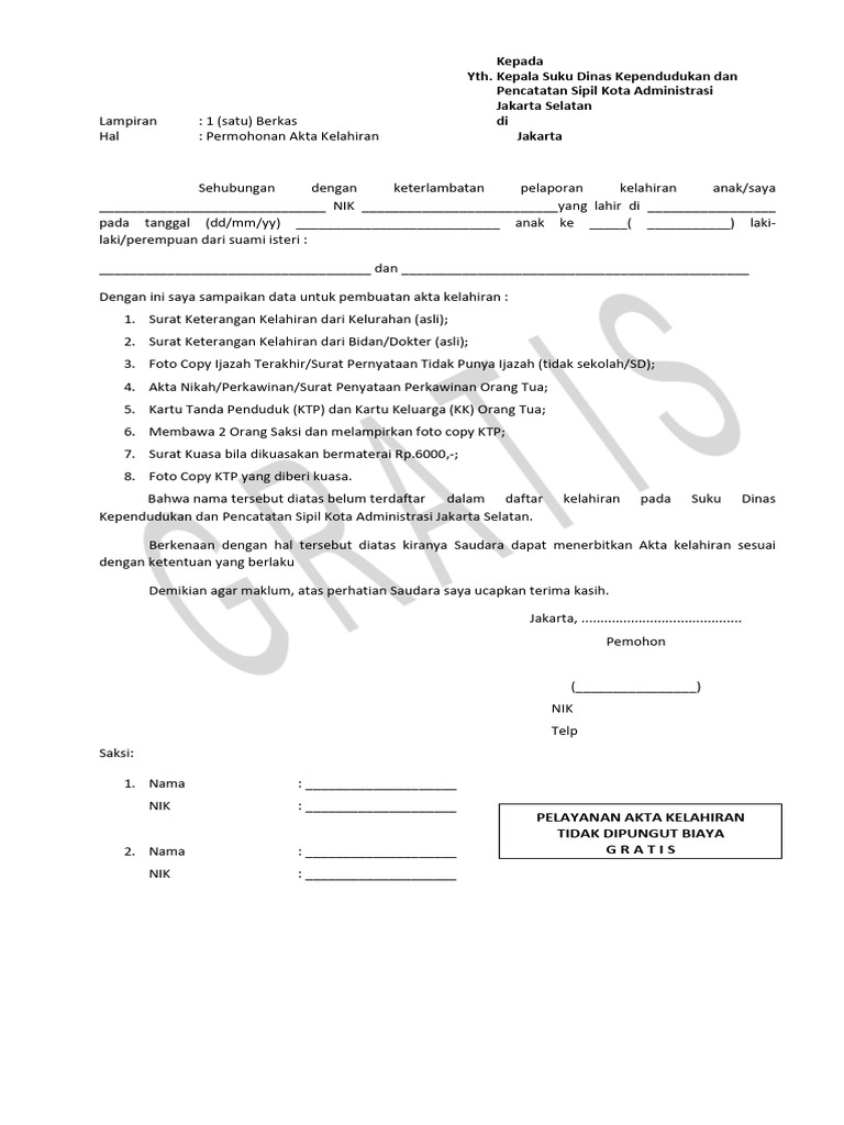 Formulir Akta Kelahiran - Formulir Gratis | PDF