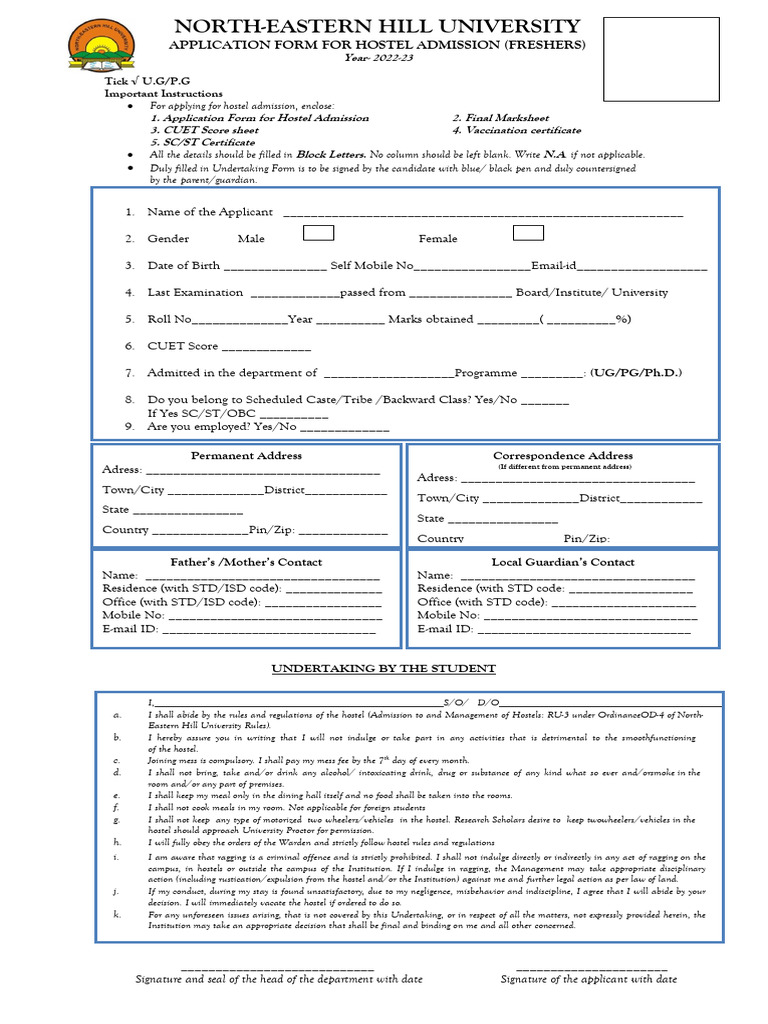 Application Form For Admission To Hostel 2022 23 | PDF | Justice ...