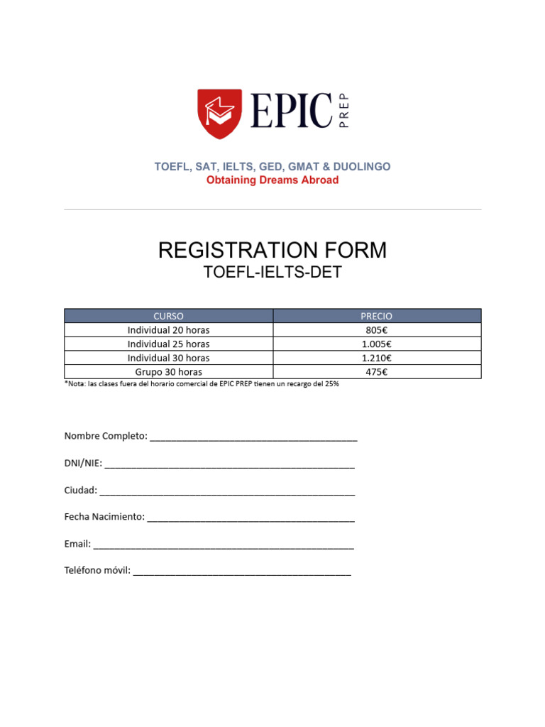 TOEFL-IELTS-DET Registration Form - SPA | PDF | Tarjeta de crédito