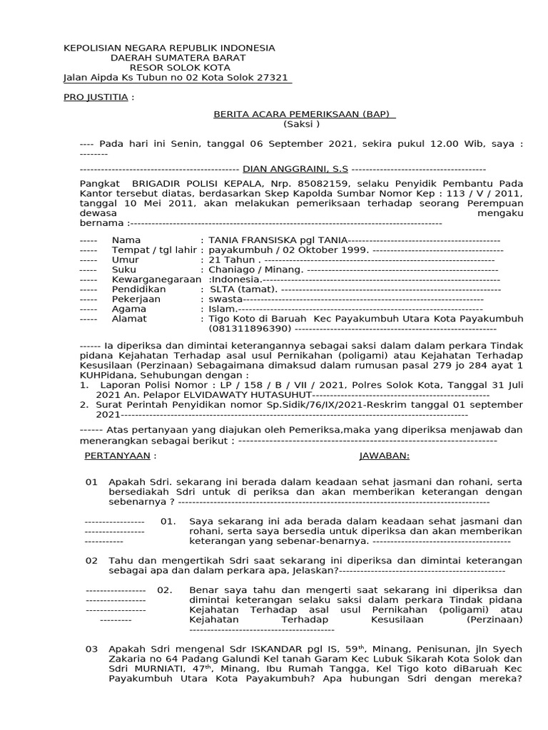 BAP Saksi TANIA (1) | PDF