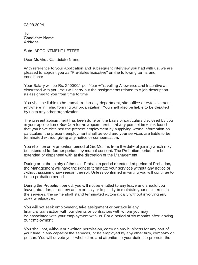 Pre-Sales Executive Appointment Letter | PDF | Employment | Business Law
