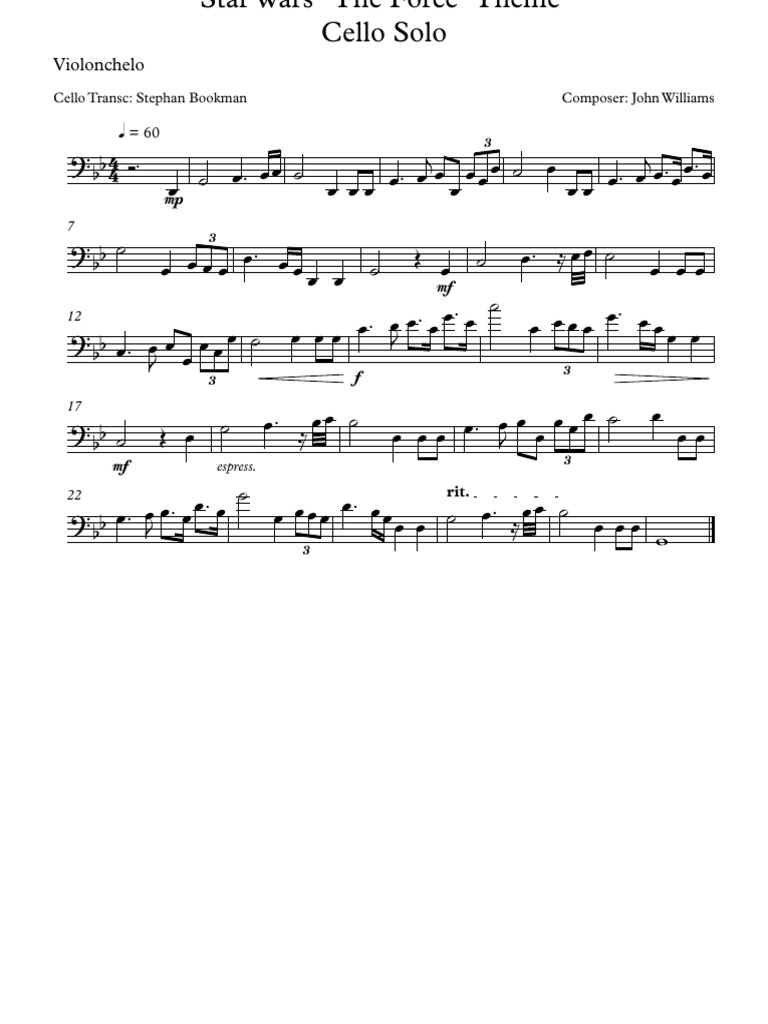 Star Wars The Force Theme Cello Solo - Partes | PDF