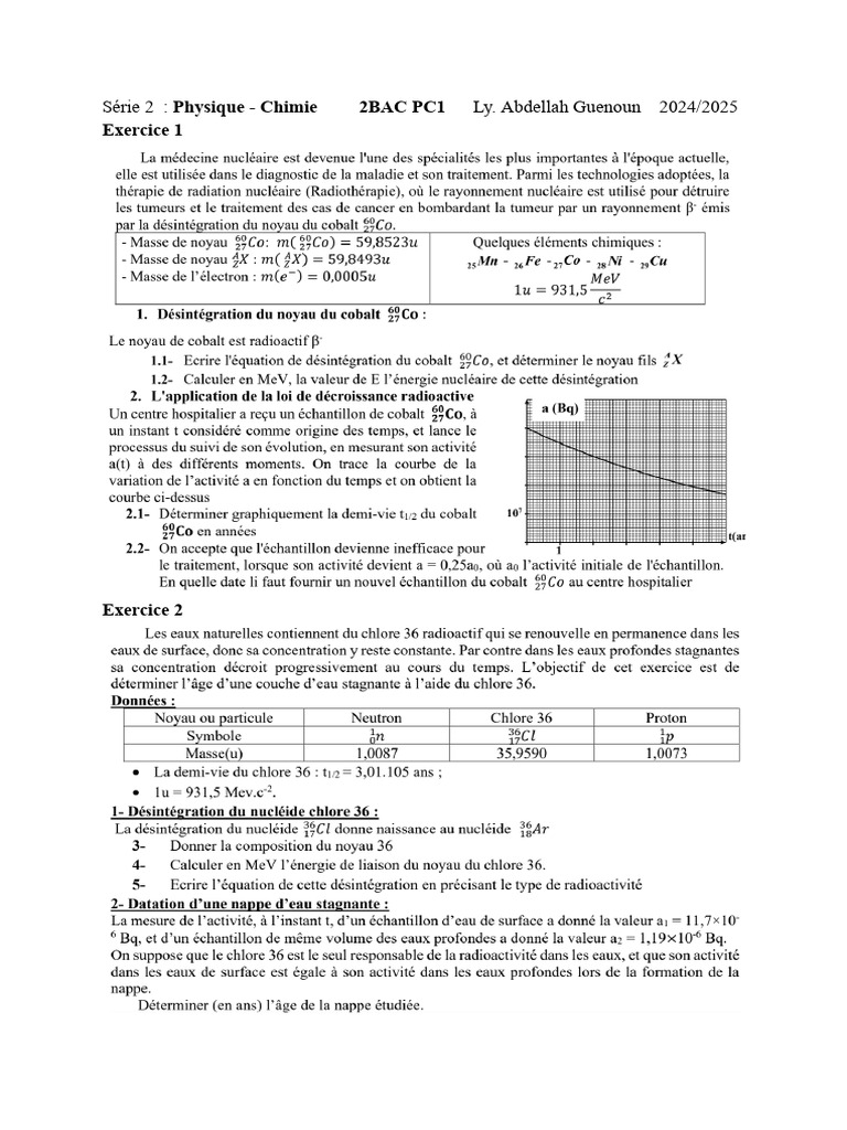 Série 2 - Physique - Chimie 2BAC PC1 24 25 | PDF