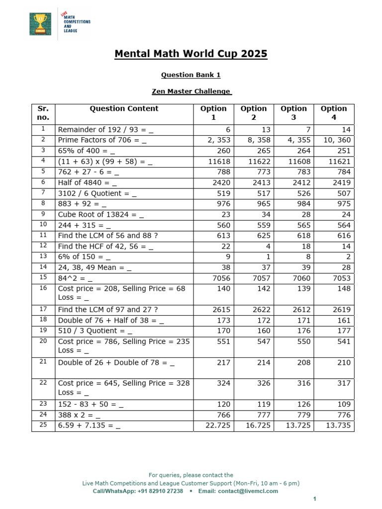 Zen Master Challenge Question Bank 2025 | PDF | Mathematics | Arithmetic