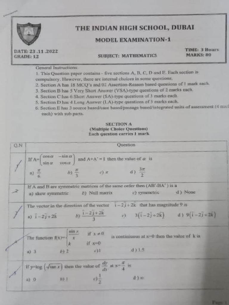 IHS maths qp | PDF | Function (Mathematics) | Matrix (Mathematics)