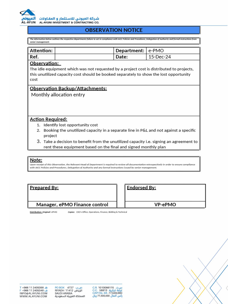Observation Notice (Unutilized Capacity) | PDF