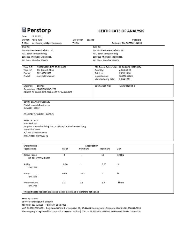 Propionaldehyde Analysis for Nutron Pvt Ltd | PDF