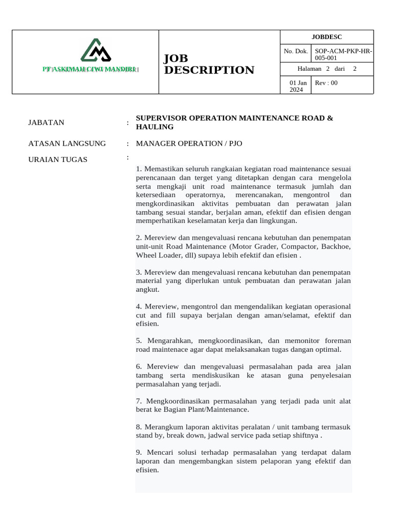 JobDes Road Maintenance | PDF