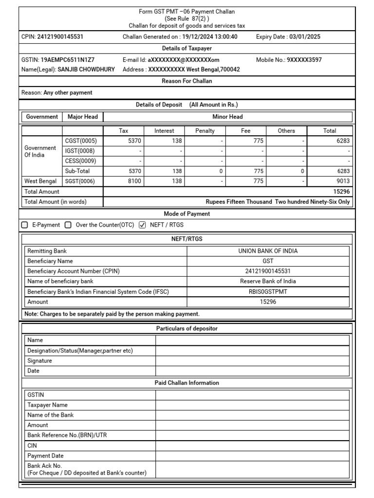 GST PMT-06 Payment Challan Details | PDF | Personal Finance | Money