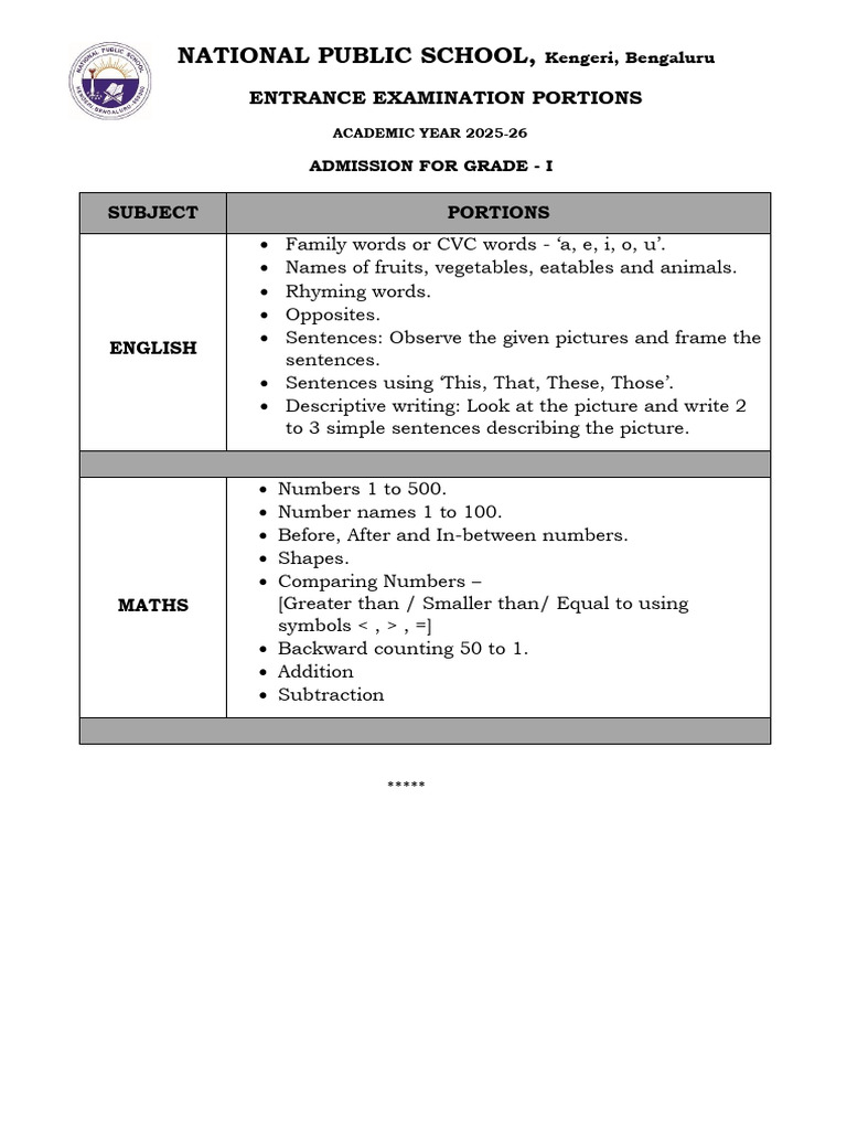 Grade 1 Entrance Exam Guide | PDF