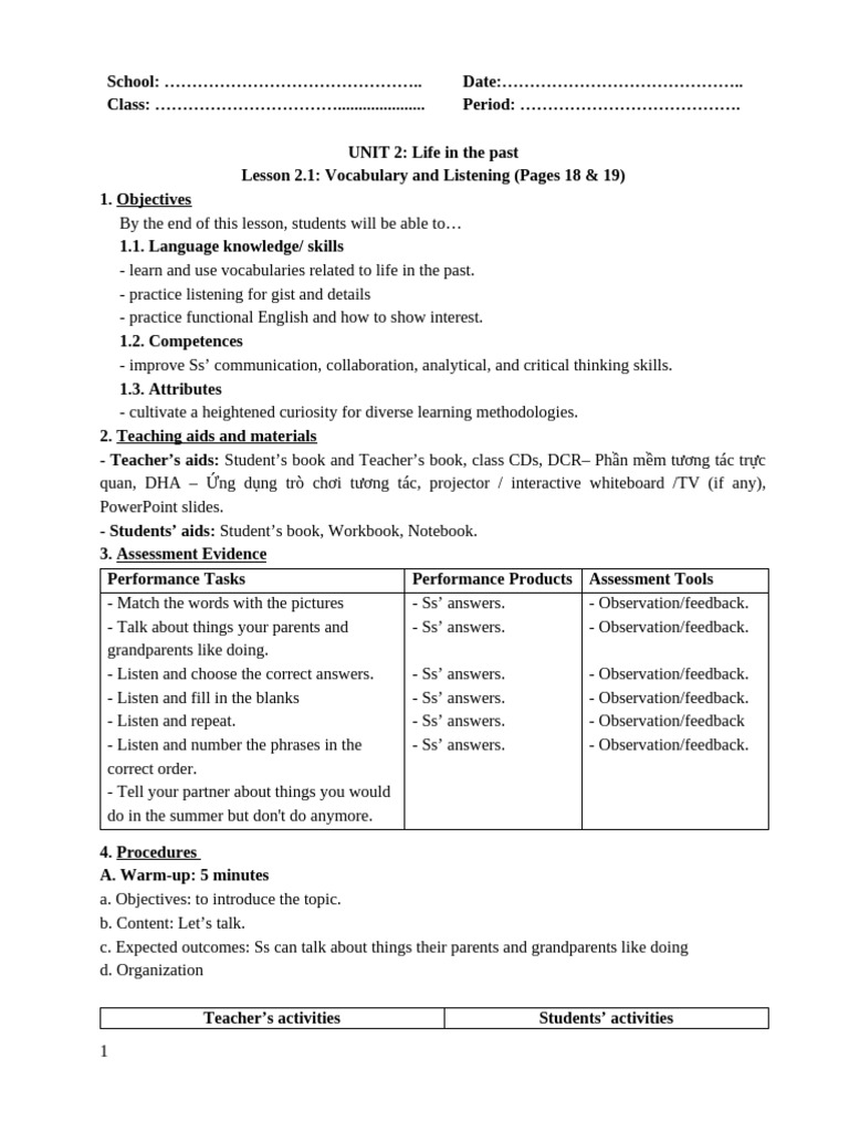 Unit 2 - Lesson 2.1 - Vocab & Listening - Pages 18 & 19 | PDF ...