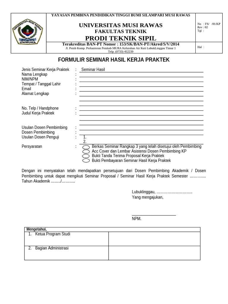 Formulir Seminar Hasil KP | PDF