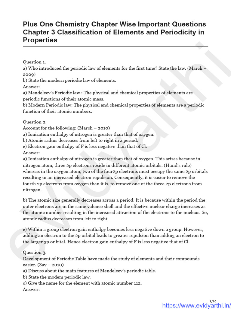 Class 11 Chapter 3 Chemistry Important Questions | PDF | Periodic Table | Ion